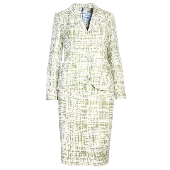 Prada | Jackets & Coats | Pre Loved Prada Tweed Skirt Suit Set Green ...